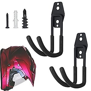 amavoler Wall Mount Helmet Hook Holder Black,2 Large Double Iron Curved Hook Tools with Mounting Screws. A Good Home for Harley, Honda, Kawasaki, etc Helmet (Large Hook x2)