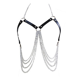Punk Layered Sexy Chest Chains Silver Leather Body Chains Ring Rave Harness Chain Body Chain Jewelry for Women