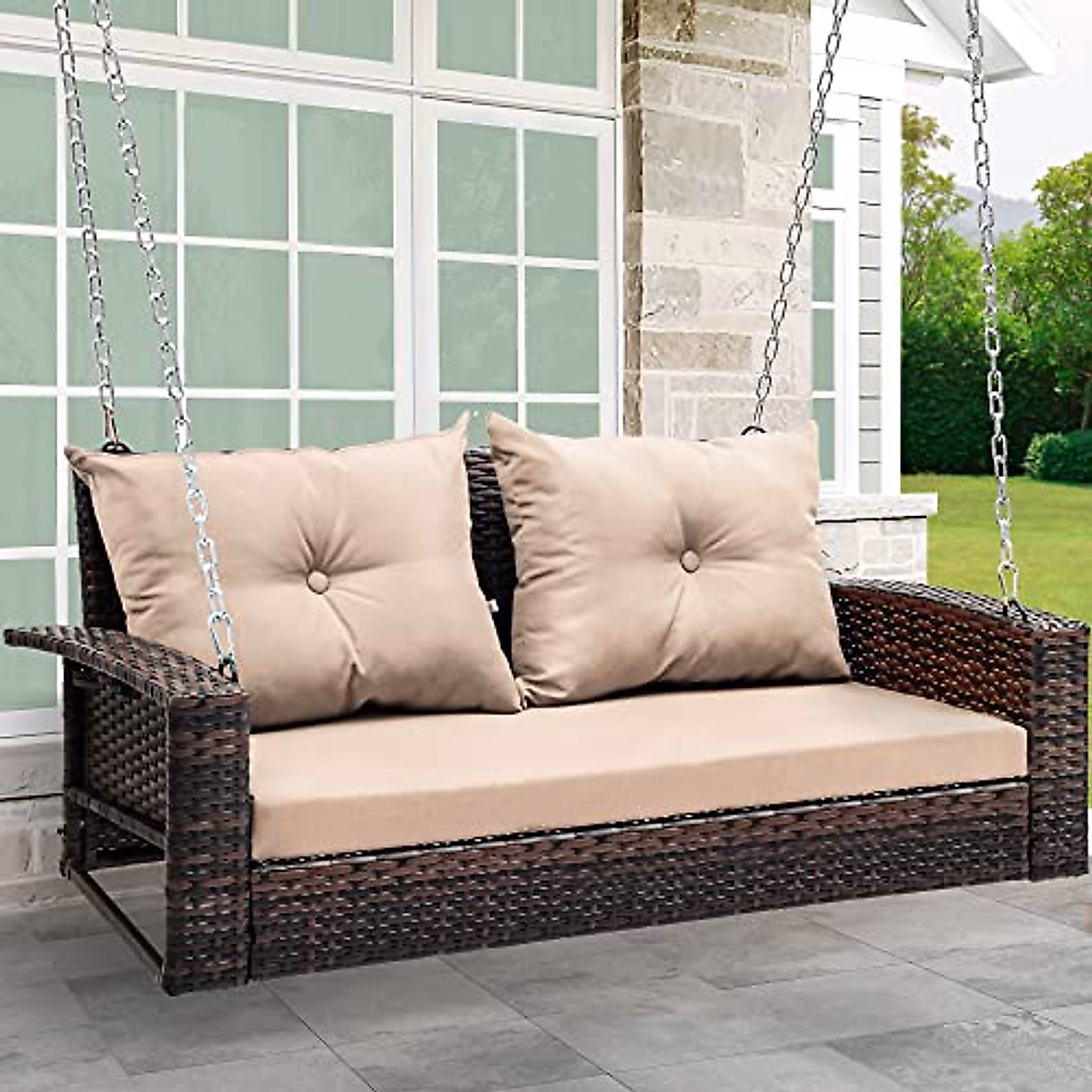 YITAHOME Wicker Hanging Porch Swing Chair Outdoor Brown Rattan Patio Swing Lounge w/ 2 Back Cushions Capacity 530lbs for Garden, Balcony, Living Room, Beige
