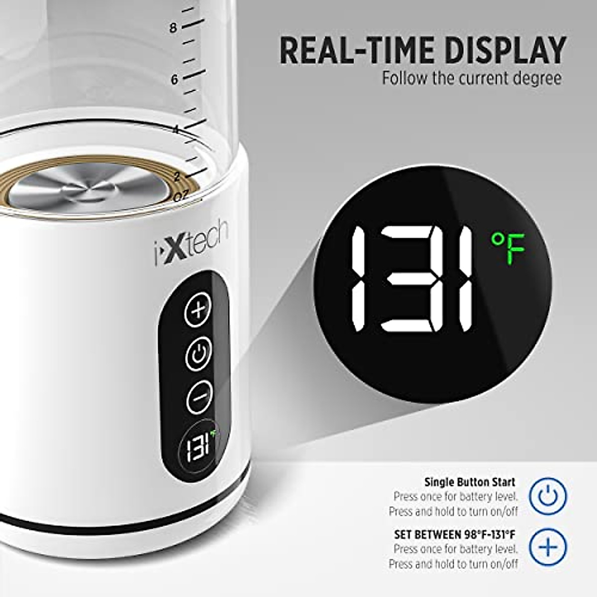 IXTECH Portable Water Warmer for Baby Formula, Milk Warmer for Travel, 10 oz,Electric Warming with Adjustable Temperature Control, Leak-Resistant Spout, Rechargeable and Wireless