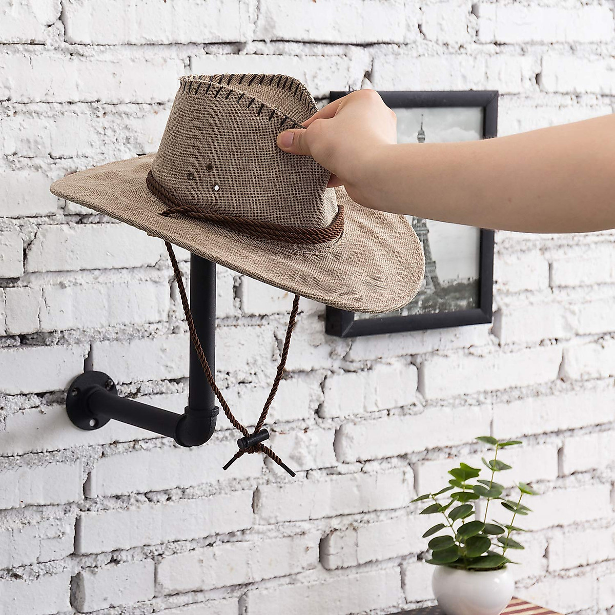 MyGift Set of 3 Wall Mounted Hat Rack Holder with Realistic Black Metal Pipe and Brown Wood, Hanging Entryway Hat Hooks and Wig Holder Rack