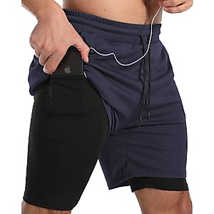 JWJ Men's Running Athletic Workout Sports Mens 2 in 1 Shorts Breathable Gym Short for Men with Pocket, Navy Meduim