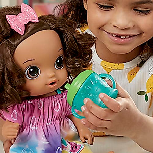 Baby Alive Fruity Sips Doll, Lemon, Toys for 3 Year Old Girls, 12-inch Baby Doll Set, Drinks & Wets, Pretend Juicer, Kids 3 and Up, Brown Hair