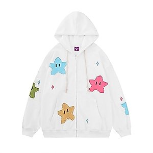 Durveency Women Teen Girls Y2K Hoodie Jacket Star Zip Up Hooded Sweatshirt Grunge Hoodies Cute Streetwear White