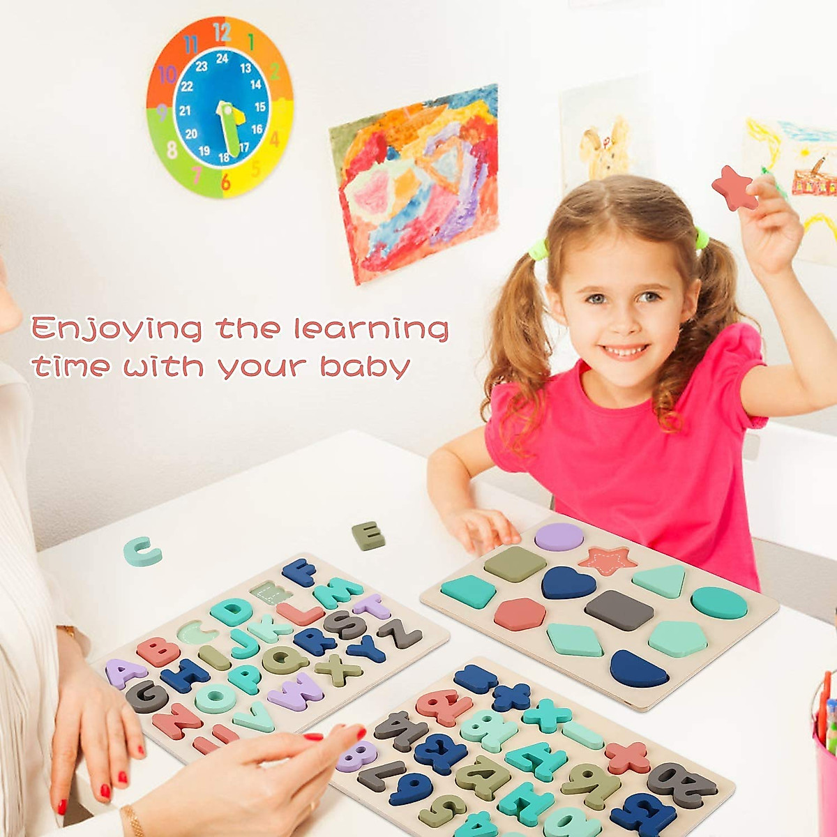 Wooden Puzzles for Toddlers, LENNYSTONE Alphabet Number Shape Puzzles Toddler Preschool Education Learning Toys for Kids Age 3 4 5 Year olds