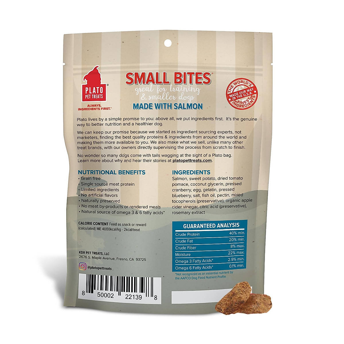 PLATO Small Bites Dog Treats, Natural Bite Sized Real Meat & Salmon Flavor, Grain Free & High in Protein, Air Dried Authentic Ingredients, 2 Calories Per Treat, Made in the USA, 6 Ounces