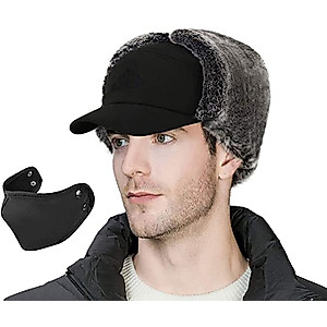 Mens Winter Windproof Warm Hat with Ear Flap,Black Cold Weather Skiing Hunting Fishing Gifts Trapper Hats for Men Women