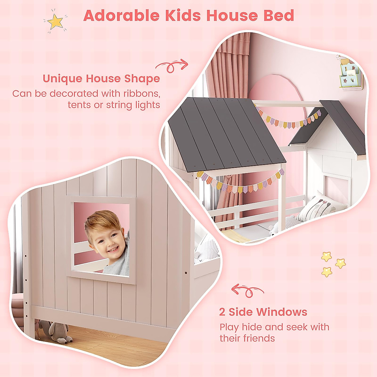 Giantex Twin House Bed Frame, Kids Low Loft Bed Frame with Roof, Side Windows & Ladder, Wooden Slatted Support Playhouse Bed for Girls, Boys, Teens, No Box Spring Needed, White