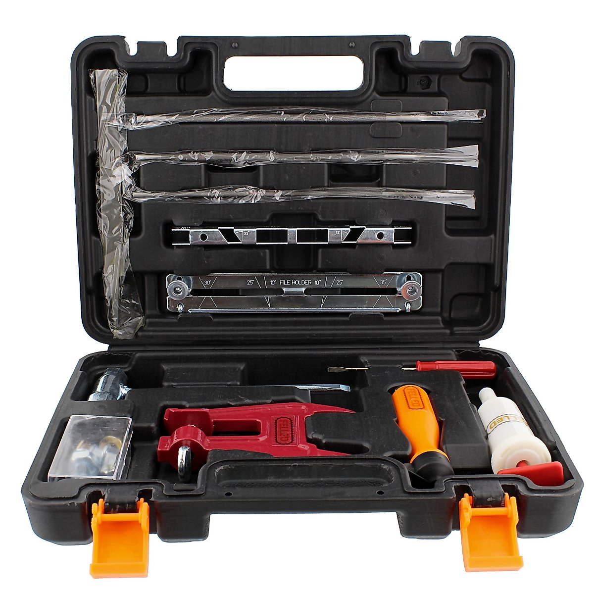 Felled Chainsaw Sharpening Kit in Hard Carrying Case - File Set, Guide, Depth Gauge, Stump Filing Vise, Grease Gun