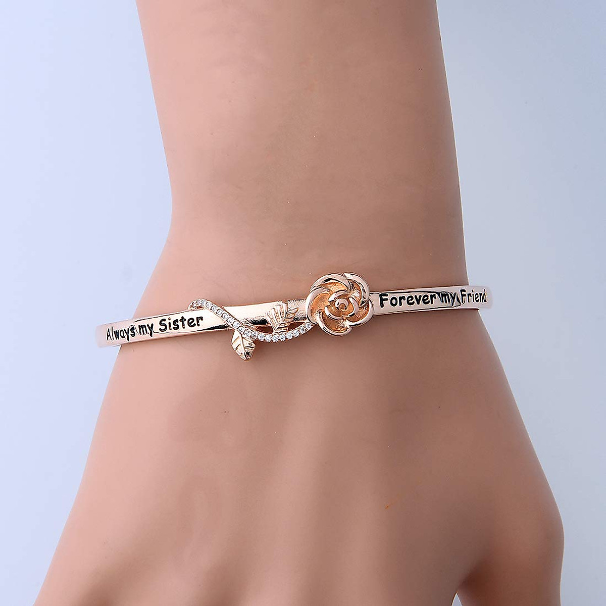 Best Friend Bracelet Sister Gift Always My Sister Forever My Friend Cuff Bracelet with Rose Flower Gift for Sisters Friendship Jewelry (Gold)