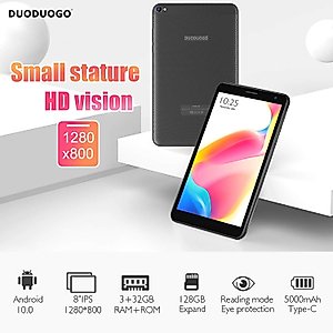 DUODUOGO Tablet with Keyboard, 2 in 1 Tablet Android 8 inch Quad Core 3GB RAM + 32GB ROM, 128GB Expandable, WiFi, HD IPS Display, Android 10, Dual Camera, 5000mAh, Bluetooth, GPS