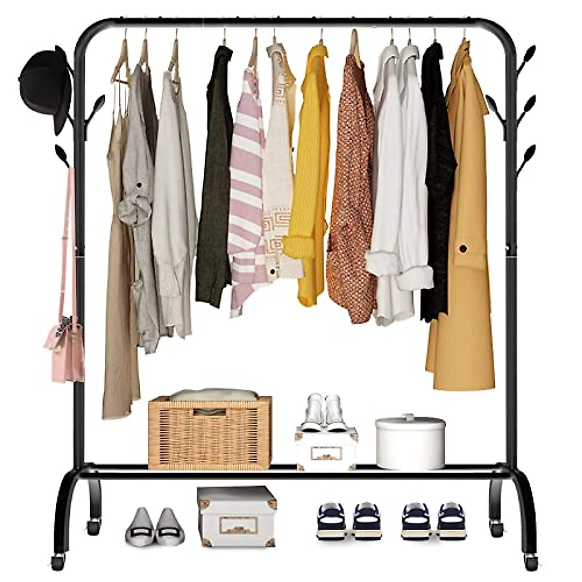 HILI Clothing Garment Rack with Wheels, Metal Clothes Stand Rack with Shoe Storage Rod, Sturdy Steel Frame Coat Rack for Indoor, Laundry, Bedroom(Black) (HY0006)