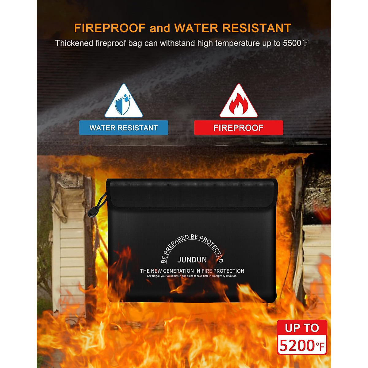 JUNDUN Fireproof Document Bag with 5200℉ Heat Insulated,14.0”x10.4” Waterproof and Fireproof Money Bag,8 Layers Thickened Fire Safe Storage Bag Pouch with Zipper for Document,Money,Black and Large