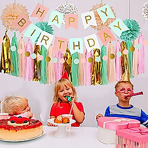 Mint Peach Birthday Party Decorations, Happy Birthday Decoration Set with Birthday Banner Pom Poms Circle Dot Garland and Tassel Garland for Women Grils Birthday Party Decor