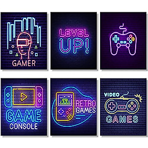 Spakon 6 Pieces Video Game Art Print Colorful Gaming Themed Canvas Wall Art Neon Gaming Posters 8x10 Inch Video Game Wall Art Gaming Artwork for Kids Boy Wall Decor Teens Bedroom Game Room Decor