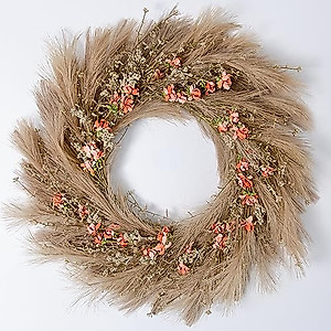Perfnique Pampas Grass Wreath, 27'' Fall Wreath for Front Door, Pampas Wreath for All Seasons, Boho Wall Decor, Farmhouse Rustic Floral Wreath, DIY Wreath Arrangement(Taupe, Flowers)