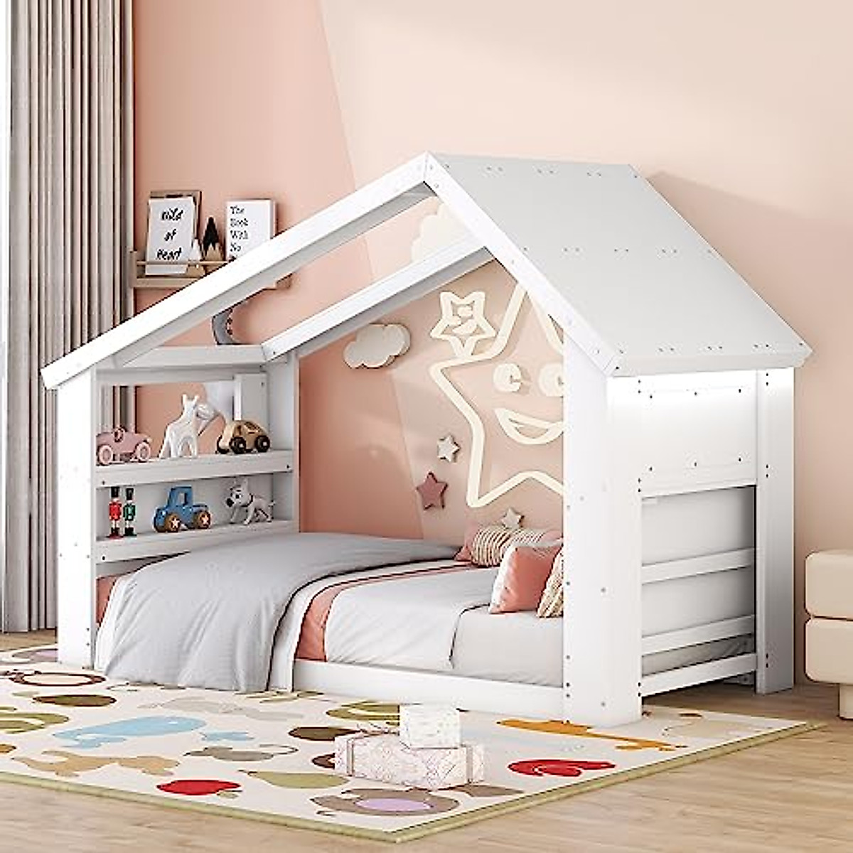 MERITLINE Twin House Bed for Kids Montessori Floor Bed with Roof Window, LED Light, No Box Spring Needed, for Girls Boys (Twin Size, White)
