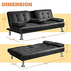 VICTONE Futon Sofa Bed Modern Faux Leather Couch Bed Convertible Folding Recliner for Living Room with 2 Cup Holders and Armrest (Black)