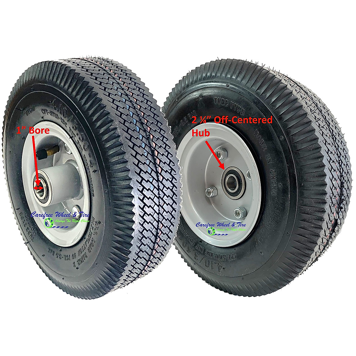 410/350-4 (10" x 3") Pneumatic Tire & Tube Assembly (2 1/4" Off -Centered Hub & 1" Metal Bushing)