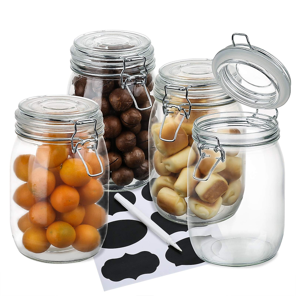 OAMCEG 4 Pack Wide Mouth Mason Jars - 34 OZ Airtight Glass Canning Jars with Leak Proof Rubber Gasket and Clip Top Lids, Perfect for Storing Coffee, Sugar, Flour or Sweets
