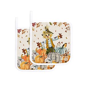 Fall Scarecrow 2 PCS Pot Holders for Kitchens Counter, Autumn Thanksgiving Pumpkin Maple Burlap Heat Insulated Podholders Oven Hot Pads for Cooking BBQ Baking Heat Proof Mat
