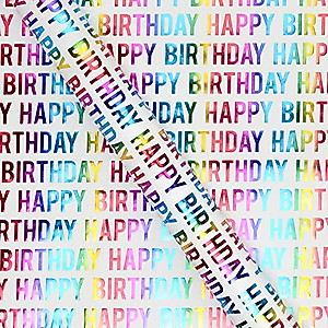 LDGOOAEL Mini Short Birthday Wrapping Paper Roll - 17" X 120" Per Roll - Colorful Foil with Stripes, Dots & Happy Birthday Lettering Gift Wrapping Paper for Holiday, Birthday, Wedding, Baby Shower