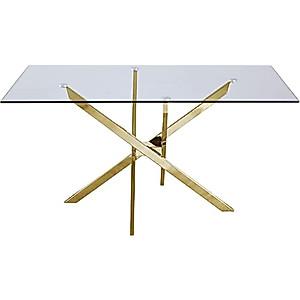 Meridian Furniture Xander Collection Modern | Contemporary Tempered Glass Top Dining Table with Durable Metal Base, 60" W x 36" D x 30" H, Gold Finish