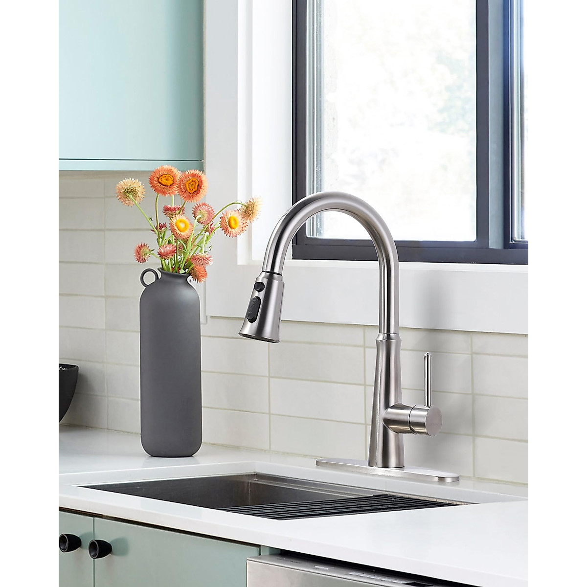 WOWOW Kitchen Faucet Head Replacement, 3 Function Pull Down Faucet Sprayer Head with 9 Adapters, Brushed Nickel Kitchen Sprayer Nozzle Compatible with Moen, Delta, Kohler Faucets