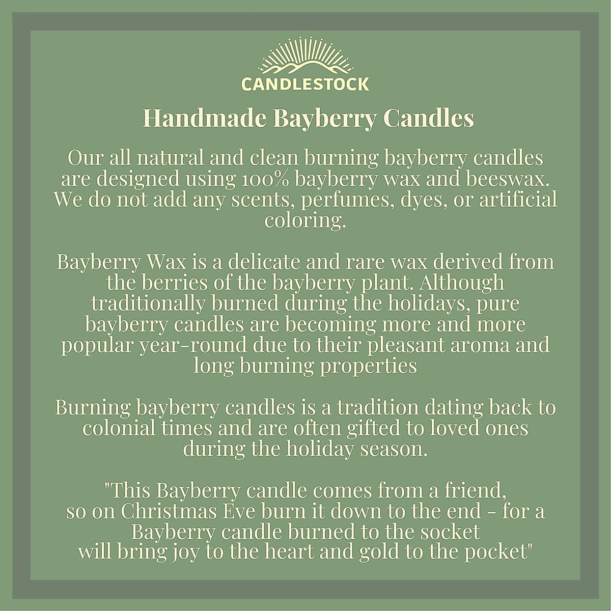 Candlestock Real Bayberry Taper Candle Pair 8 inch - Pure Bayberry and Pure Beeswax Blend - Dripless Taper Candle Pair - Bayberry Candles