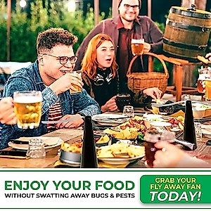 Fly Away - Outdoor Fly Repellent Fan, Outside or Inside Table use, Restaurant, Barbeque, Events, Deter Flies, Wasps, Bees, Other Moscas and Bugs Away, Battery Operated, Tabletop, Hanging Hook.