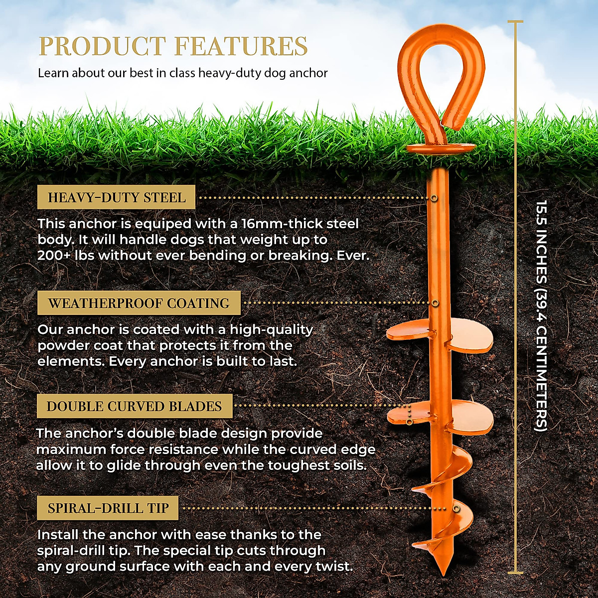 ROYAL PAW Dog Tie Out Stake - Heavy Duty Dog Stake for Large Dogs up to 210 lbs, Dog Stakes for Outside, Dog Anchor, and Dog Gadget | Use any Dog Tie Out Cable or Dog Yard Leash (O2-Orange (2-pack))