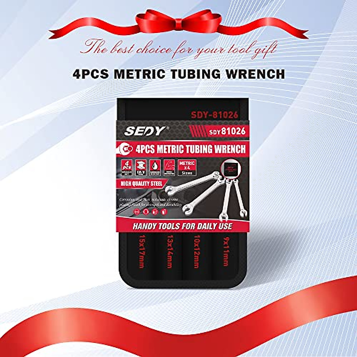 SEDY 4-Piece Flare Nut Wrench Set, Offset End Spanner Metric 9,10, 11,12, 13, 14, 15, 17mm, CR-V Steel, with Storage Pouch for Repair and Remove Nuts on Fuel, Tube, Hose, Transmission Lines