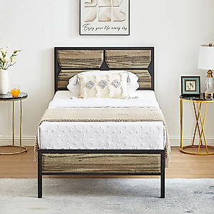 VECELO Twin Bed Frame Metal Platform with Wooden Headboard & Footboard Mattress Foundation Strong Metal Slats Support No Box Spring Replacement/Easy Assemble