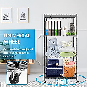 N&F Hlyluoyi 4-Shelf Storage Rack, Garage Shelves Heavy Duty，Metal Shelving with Wheels, 165 Pounds Per Utility Shelf Unit, Wire Rack Organizer, Black(13.4D x 23.2W x 49.8H)