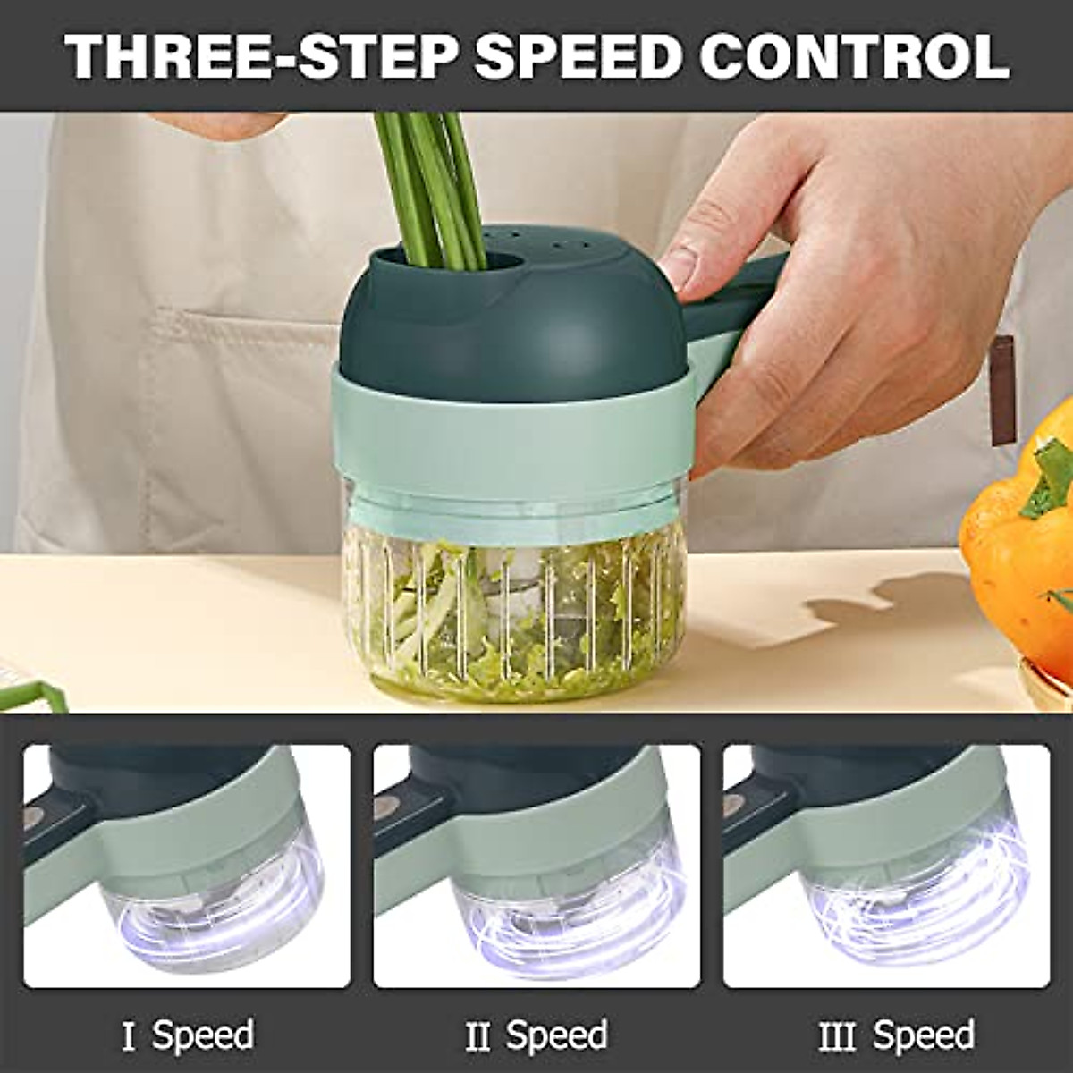 Arigold 3SPEEDS 4 in 1 Vegetable Chopper: Cordless Mini Chopper, cabbage Dicer, meat grinder, Vegetable cutter. Comes with Egg and Cream Beater - Vegetable Slicer Dicer, home & kitchen. (Grey)