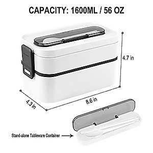 NatraProw Bento Lunch Box for Adults, 2 Layers Stackable Lunch Container, 1600ml Large bento Box for Adults, Built-in Utensils, Microwave Safe Bento Boxes, Leakproof, BPA Free, White