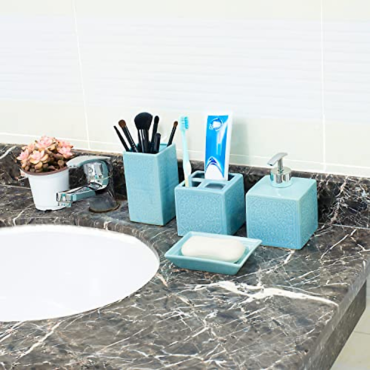 Blue Teal Bathroom Accessory Set,4 Pcs Bathroom Soap Dispenser Set Hand Pump Soap Dispenser, Vanity Countertop Accessory Set-Bathroom Soap Dispenser Set,Toothbrush Holder Set, with Soap Dish,Tumbler.