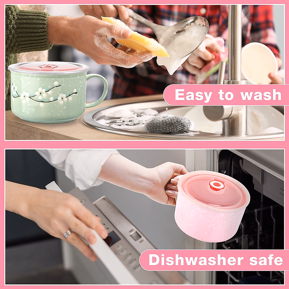 SEEWEY 2 Pcs Floral Ceramic Bowl with Lid and Handle 30 oz Soup Bowls Heat Preservation Instant Noodles Mug Soup Cup Microwavable Bowls for Ramen Noodle Cereal Travel