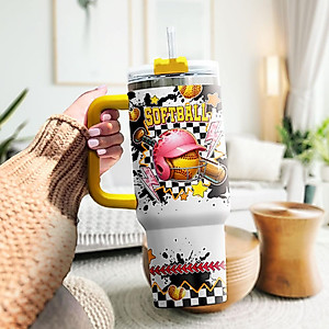 99OWL Green Water Yellow Black Handle Simply Straws Modern Simple Checkered White Tumblers, Softball Gifts, Softball Mom Checked, Tumbler 40 Oz With Handle Lid And Straw