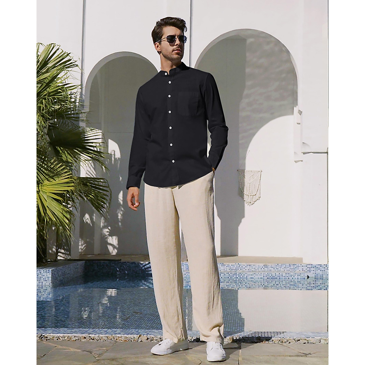 Alimens & Gentle Men's Cotton Linen Shirts Long Sleeve Button Down Shirt Band Collar Beach Shirts Black