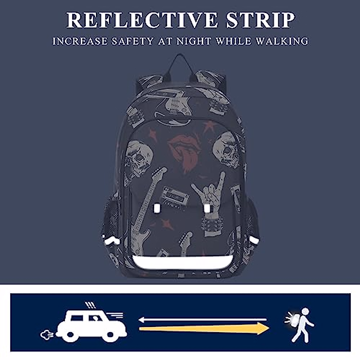 Glaphy Rock Music with Skulls Guitar Backpack School Bag Lightweight Laptop Backpack Student Travel Daypack with Reflective Stripes