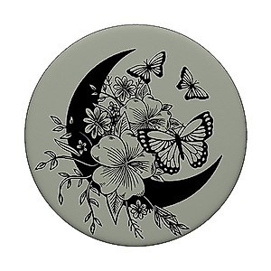 Sage Grey Black Butterfly Crescent Moon Flower PopSockets Swappable PopGrip
