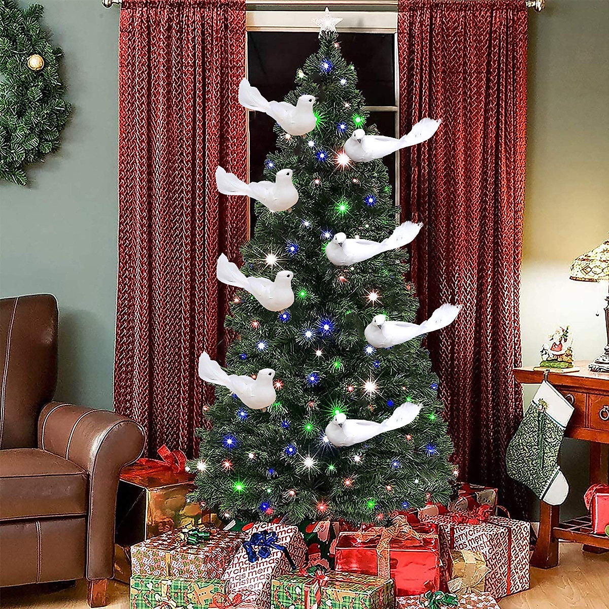 OHJ Artificial Feathered White Birds,Long Tail Artificial White Pigeon,Simulation Foam Craft Birds with Clips-on Christmas Tree Ornament Decorative Fake Doves,for Home Garden Wedding Decor (Pack of 6)