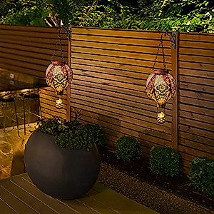 Hot Air Balloon Solar Lantern - Solar Pathway Lights Outdoor Waterproof Shepherd Hook with Hanging Decorative Metal LED Lantern Solar Lights for Garden Patio Pathway Yard Porch Decor