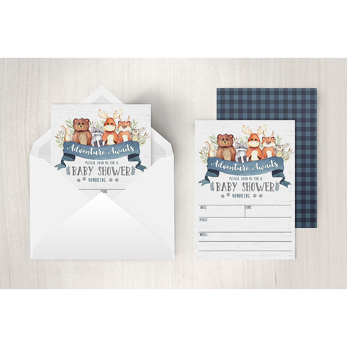 Blue Woodland Baby Shower Invitations, Forest Animal Baby Shower Invitations for Boy, Adventure Awaits Lumberjack with Bear, Moose, Raccoon, Deer, Baby Sprinkle, 20 Fill in Invitations and Envelopes
