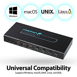 Fosmon 4-Port VGA KVM Switch, 3 USB Hubs, 1 Audio Output, 4 VGA Cables, (2048x1536@500MHz with DDC) Share 4 Computers with 1 Monitor and 3 USB Devices Mouse Keyboard Printer for PC Laptop Desktop