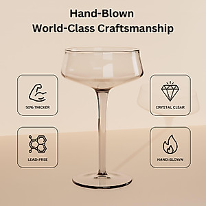 LOUVOR Champagne Coupe Glasses Set of 6-8oz Hand Blown Crystal Martini Glasses with 6 Stainless Steel Cocktail Picks - Versatile Tall Cocktail Glasses & Vintage Cocktail Glasses for Martini & More