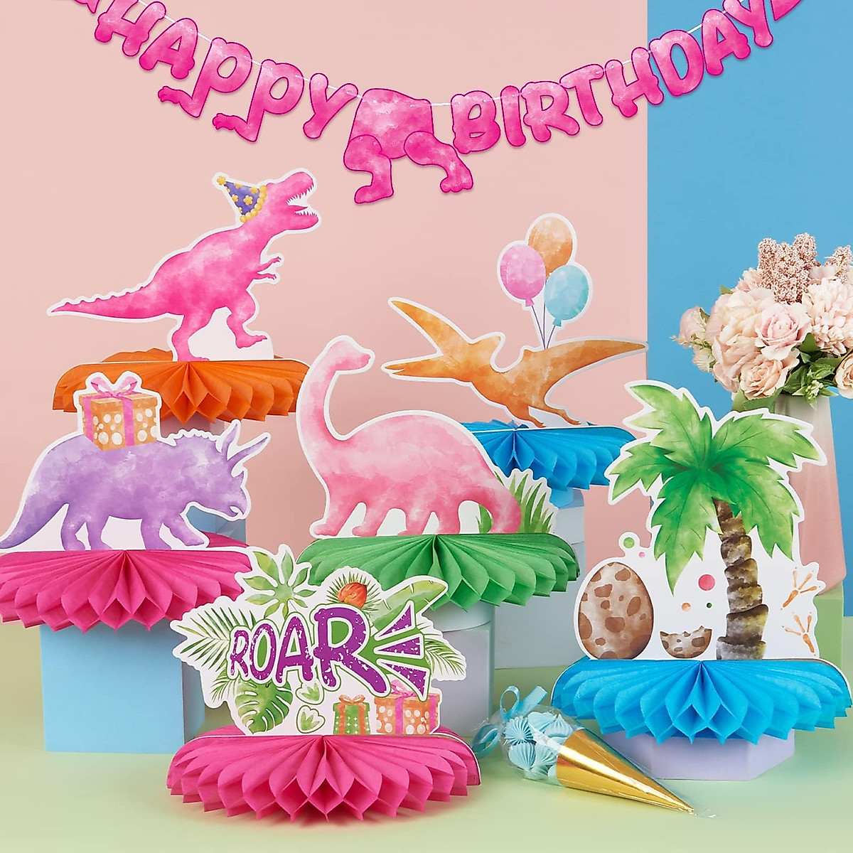 WERNNSAI 9 PCS Watercolor Dinosaur Party Honeycomb Centerpiece - Dinosaur Birthday Party Table Decorations Girls Kids Dino Birthday Baby Shower Table Toppers Supplies 3D Volcano Centerpieces