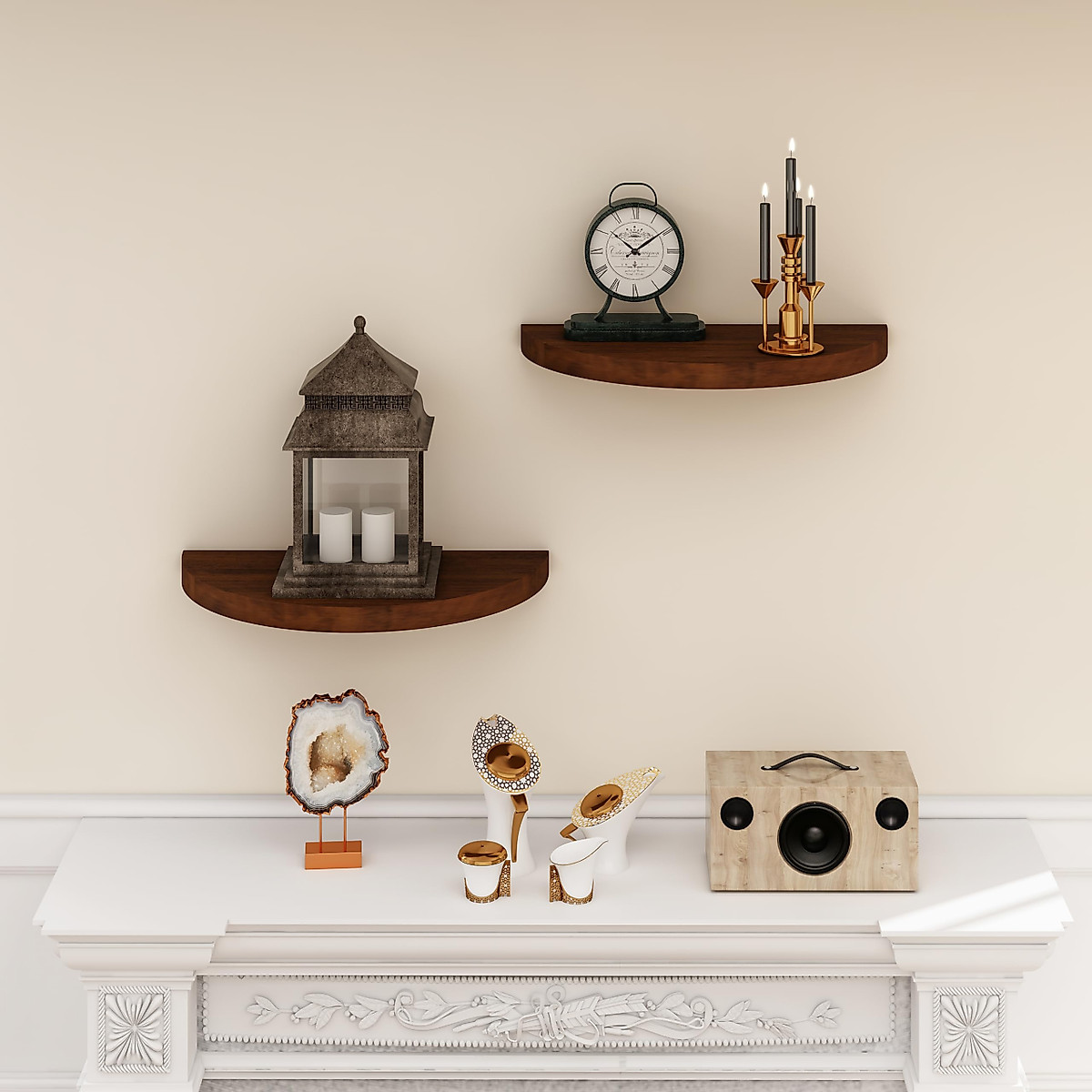 Small Floating Shelves for Wall Set of 2, Rustic Solid Pine Half Round Wood Walll Mounted Shelves for Bedroom Living Room Bathroom Kitchen Office and Plants Wall Decor (2, Brown)