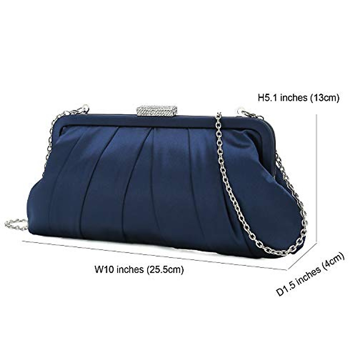 CHARMING TAILOR Classic Pleated Satin Clutch Bag Diamante Embellished Formal Purse for Wedding/Prom/Black-Tie Events (Navy)